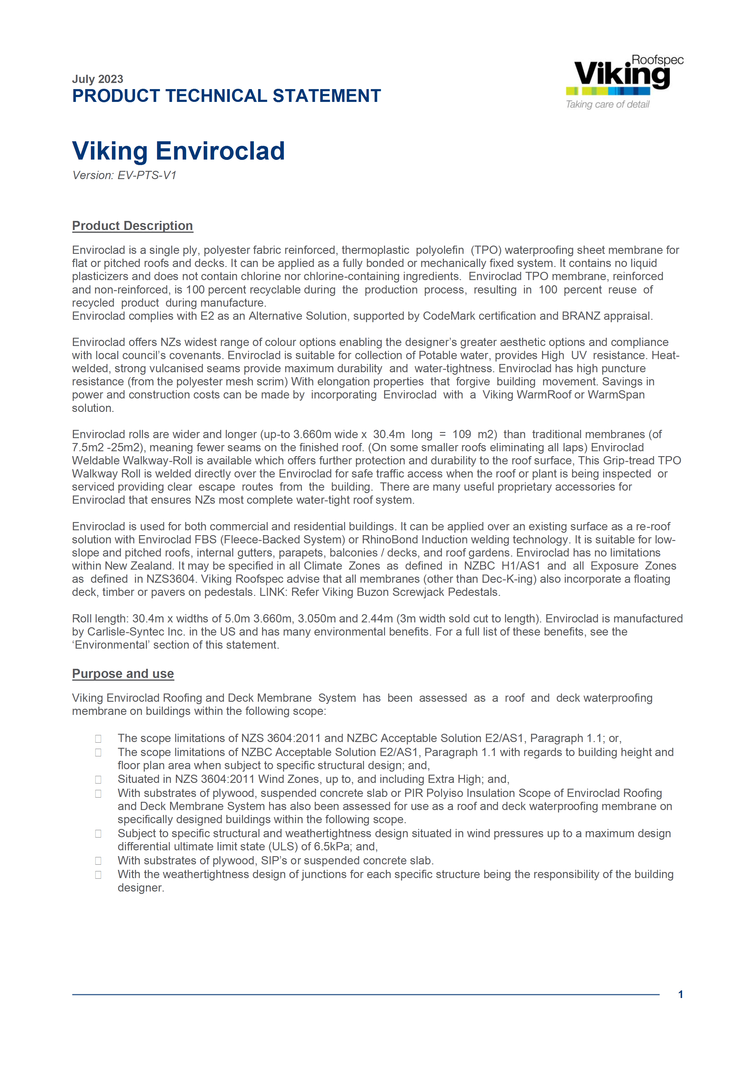 Enviroclad Product Technical Statement | Waterproofing & Roofing Systems